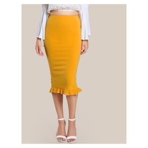 MBM Unlimited | Skirts | Yellow Ruffle Hem Bodycon Midi Pencil Skirt ...